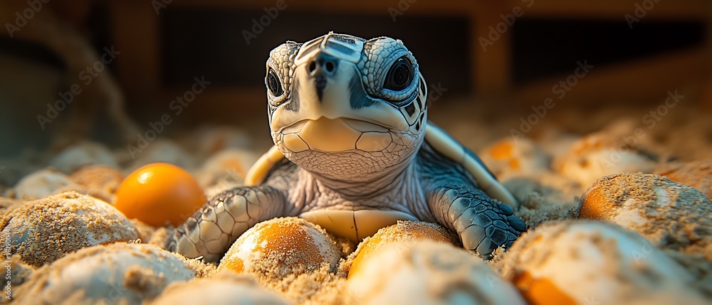 A baby sea turtle hatching from an egg, surrounded by sandy dunes ...