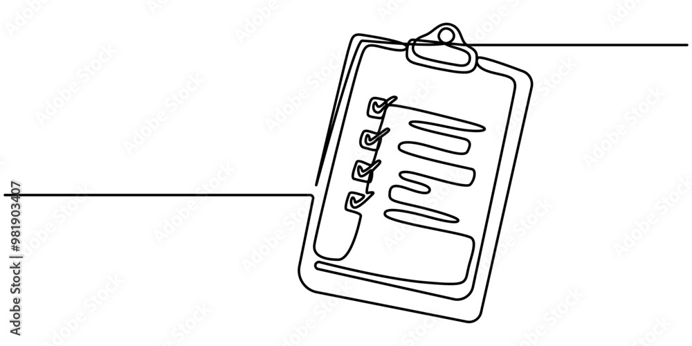 Clipboard with checklist and pen in one continuous line drawing. To do ...