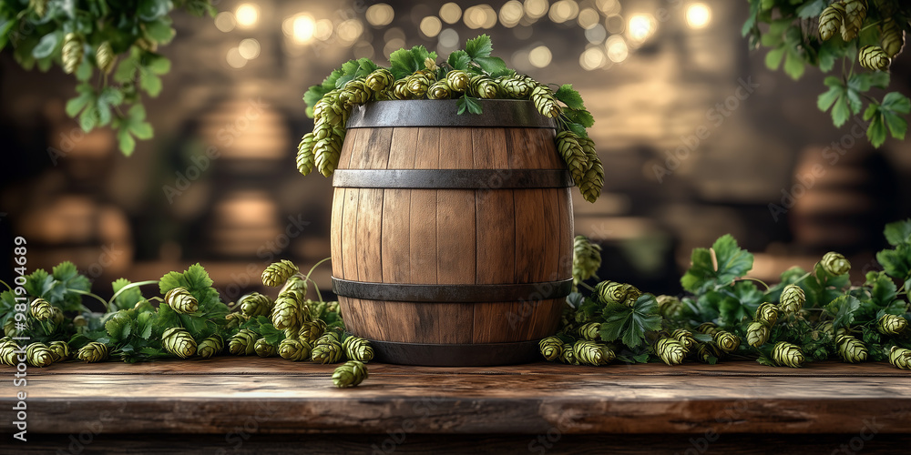 Wooden beer barrel decorated with fresh hops on a rustic table, set ...