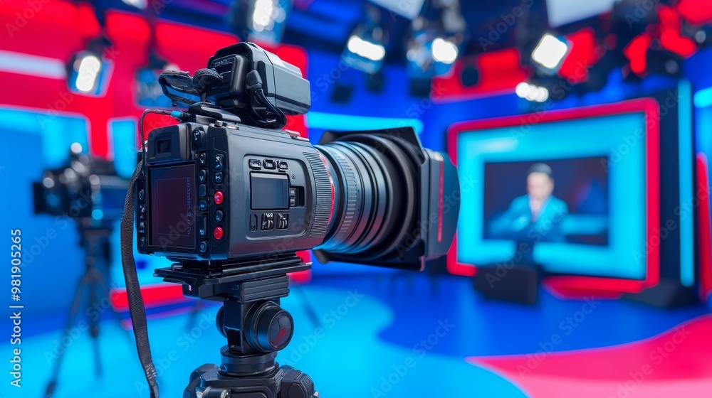 A studio set featuring a professional camera, colorful lighting, and a ...