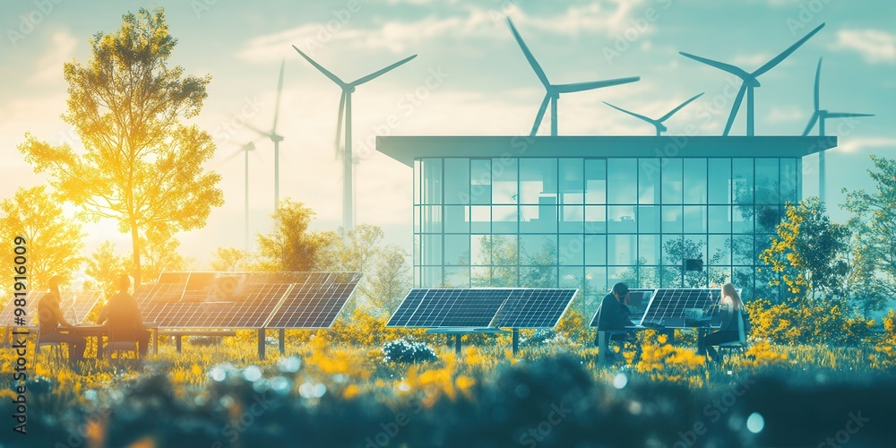 Modern sustainable building with solar panels and wind turbines in a ...