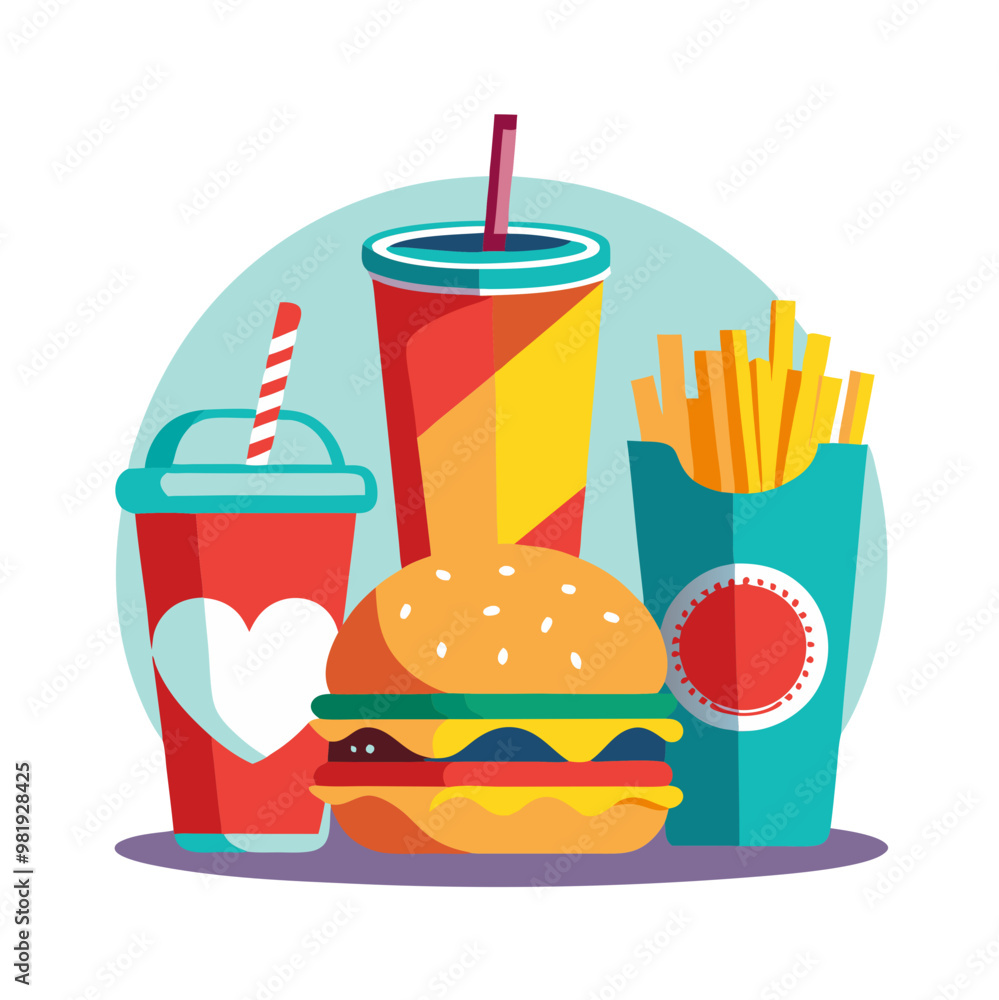 Vector illustration of unhealthy junk food and soda with processed ...