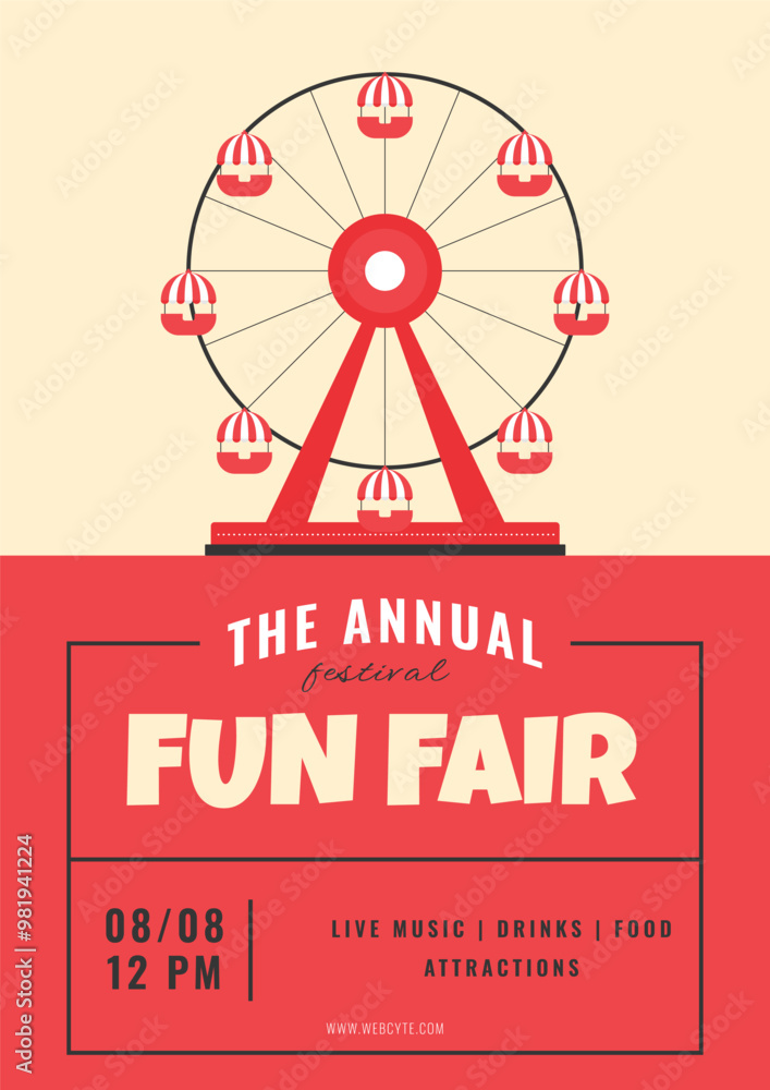 Fun fair festival invitation poster. Ferris wheel in flat style. Vector ...