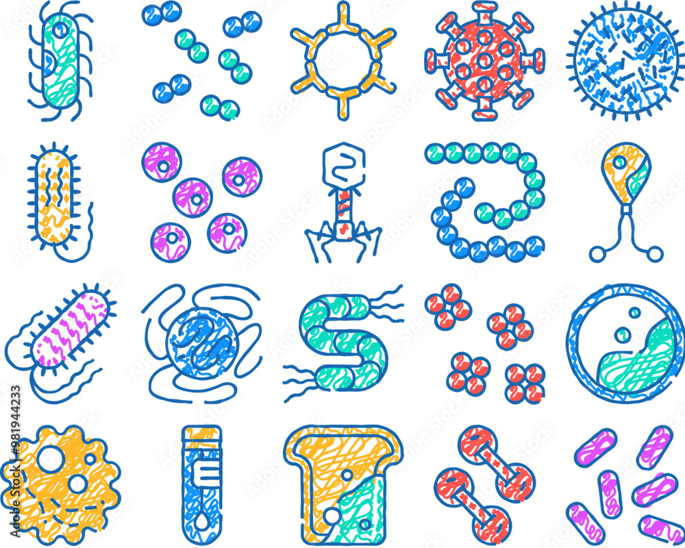 pathogen virus disease doodle icons set vector. sketch line art ...