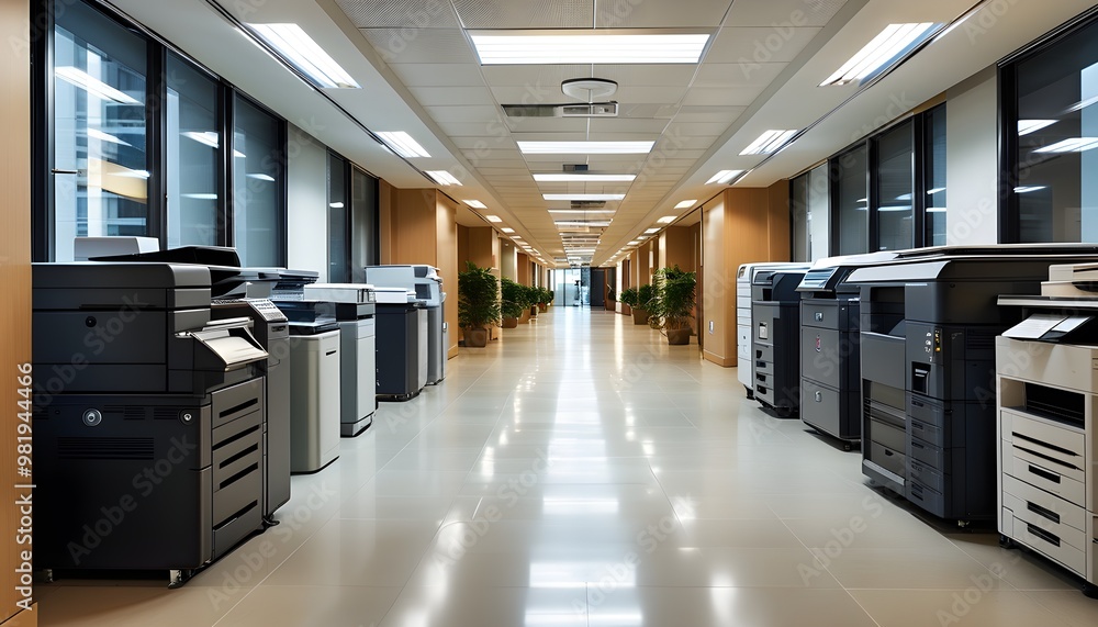 Bright and contemporary office corridor featuring printers and copiers ...
