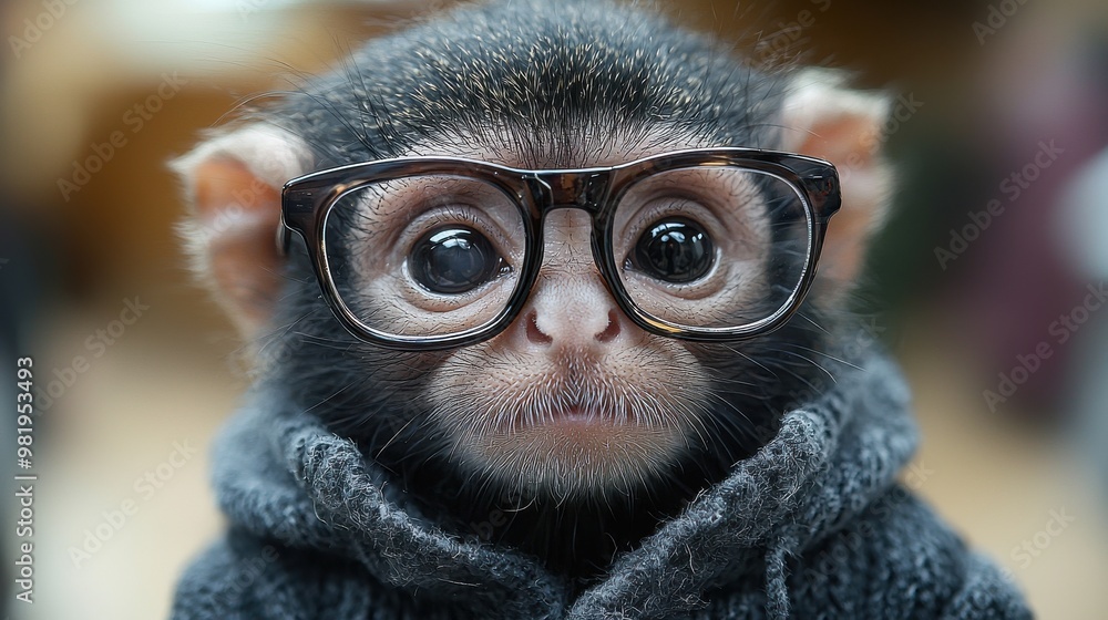 A playful monkey wearing glasses and a hoodie, posing for a close-up ...