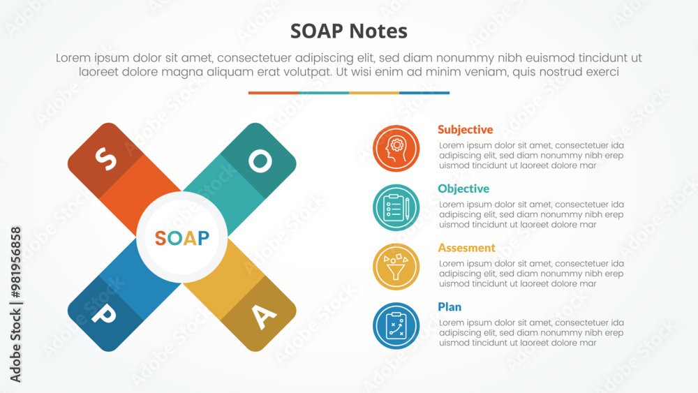 SOAP note infographic concept for slide presentation with x cross shape ...