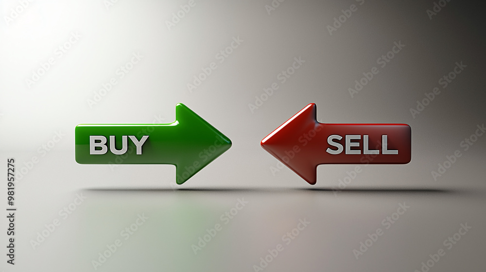 A 3D model of two investment symbols: one of a green upward arrow ...