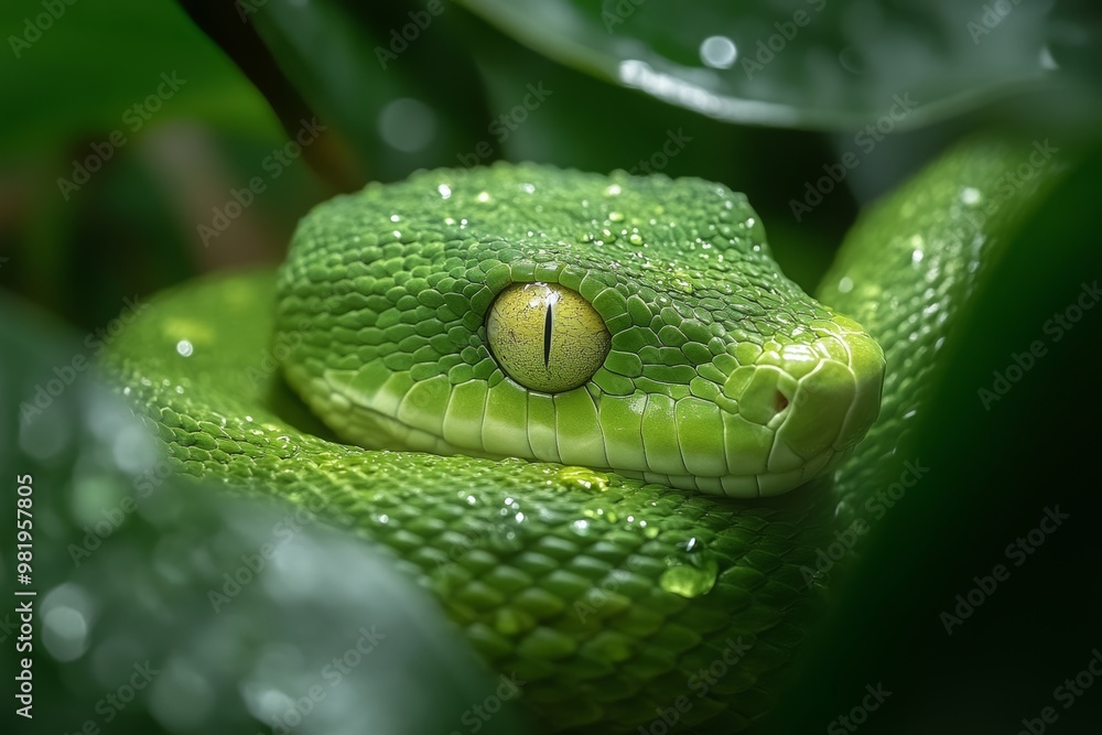 Green Tree Python Coiled Among Lush Greenery, A Symbol of the Chinese ...