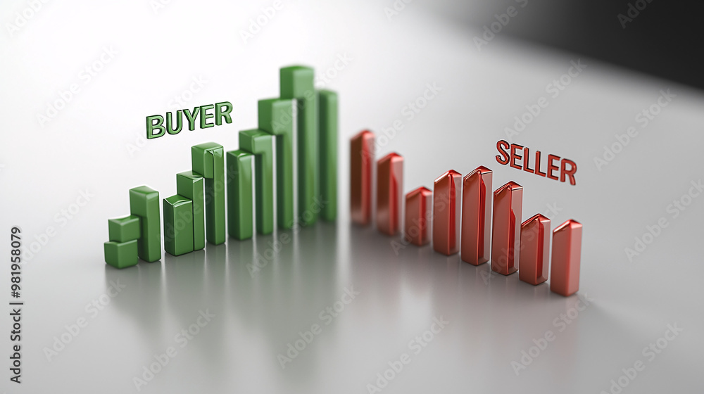 A 3D model of two simple charts: one with green bars labeled "BUYER ...
