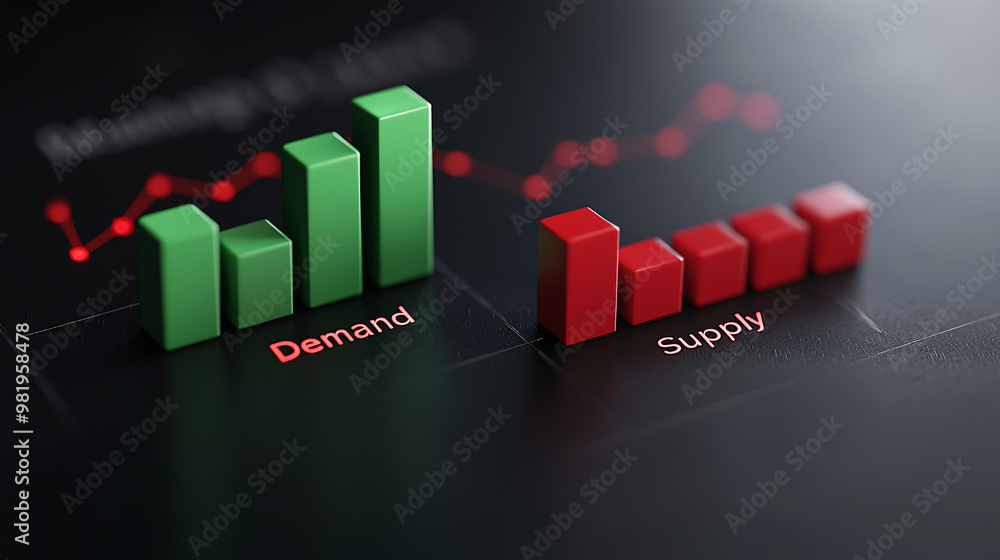 A 3D model of two abstract bar charts: one green labeled "Demand" with ...