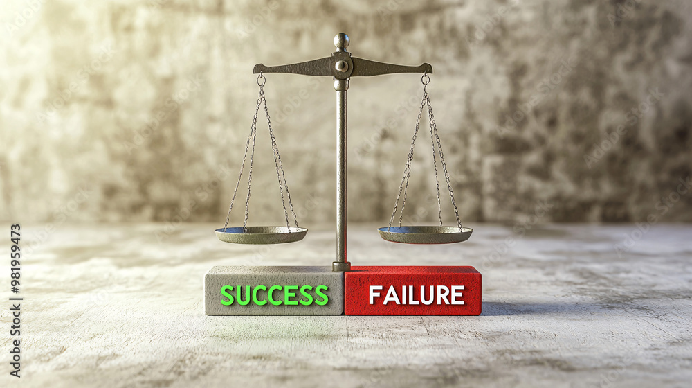 A 3D model of a balanced scale with "SUCCESS" in green on one side and ...