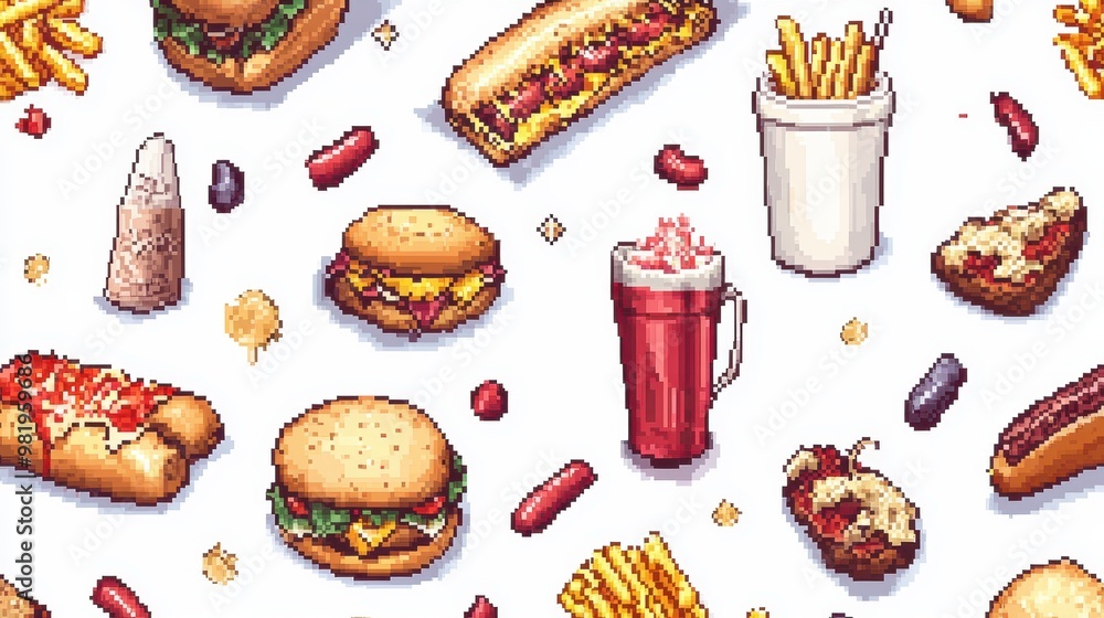 Pixel Art Fast Food Vector Set with Burger,pizza,Soda,Ice Cream,Hot Dog ...