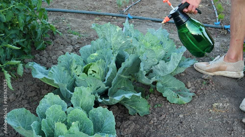 Gardener spraying insecticide on cabbage protects crops from pests ...
