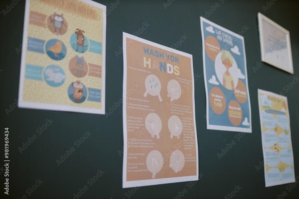 Various educational posters are displayed on the wall, featuring ...