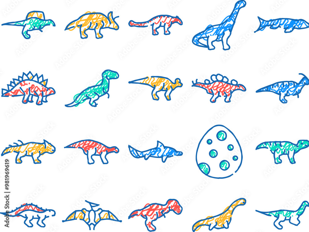 Vecteur Stock dinosaur wild animal doodle icons set vector. sketch line ...