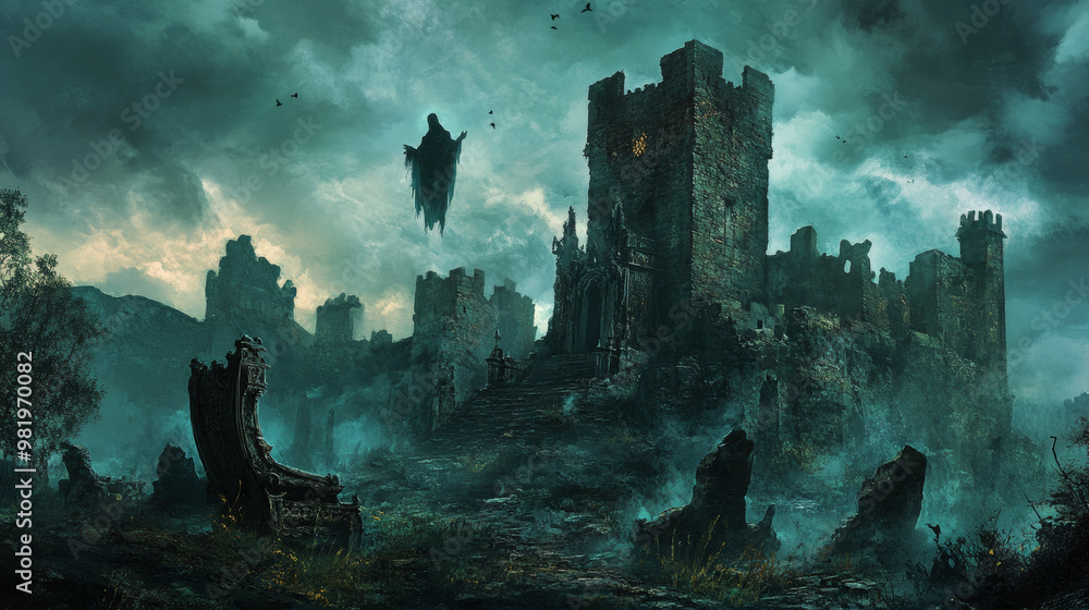The digital painting captures an enchanting scene of castle ruins ...
