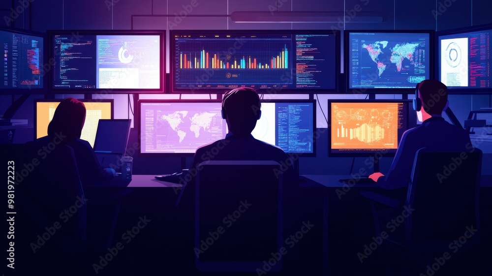 A Team Of Analysts Monitoring Data On Multiple Screens In A Dimly Lit Control Room Showcasing