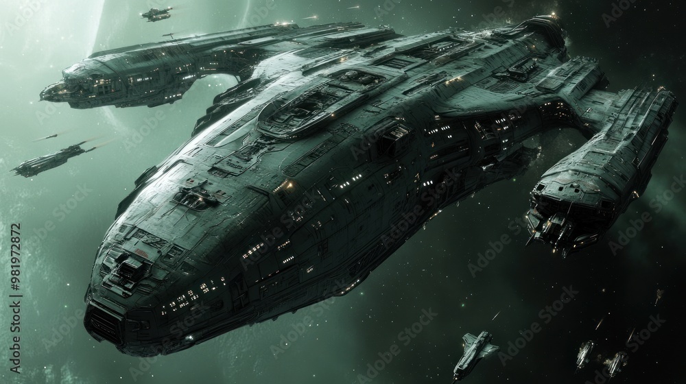 A futuristic alien mothership with multiple docking bays and smaller ...