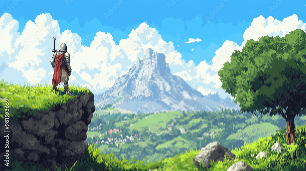 2d pixel art of knight in the green mountain and hill landscape, blue ...