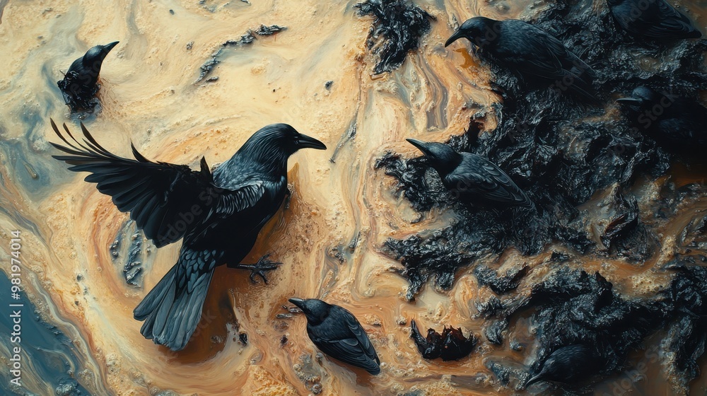 Crows and seabirds trapped in a sticky oil spill, polluted waters ...