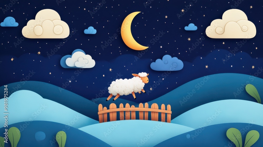 A whimsical scene of a sheep jumping over a fence under a starry night ...