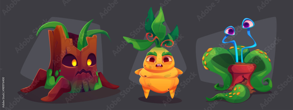 Scary monster plants and flowers. Cartoon vector illustration set of ...