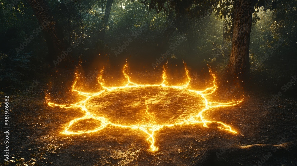 A circle of glowing runes radiating from the ground, summoning ancient ...