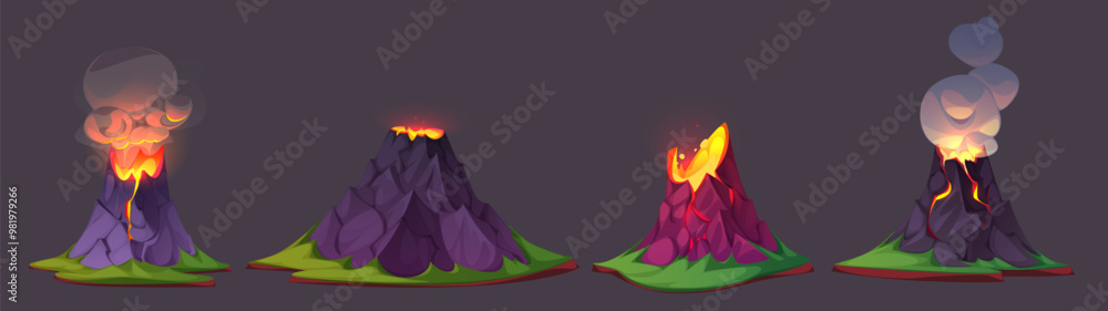 Volcano eruption with flowing lava and smoke cloud on island. Cartoon ...