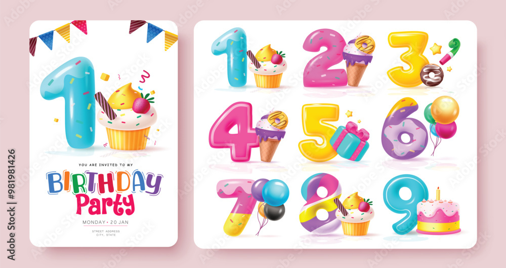 Birthday party numbers vector set design. Birthday greeting with ...