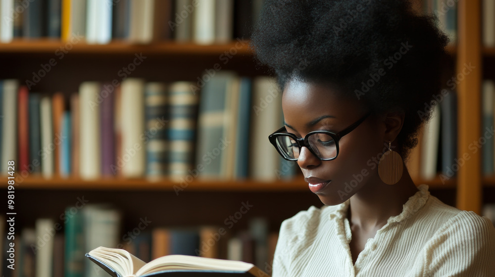 A black woman sits comfortably in a library, engrossed in a book ...