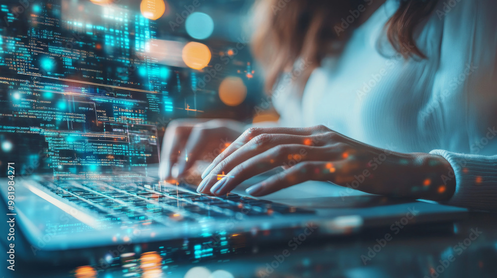 The scene features a person’s hands actively typing on a keyboard ...