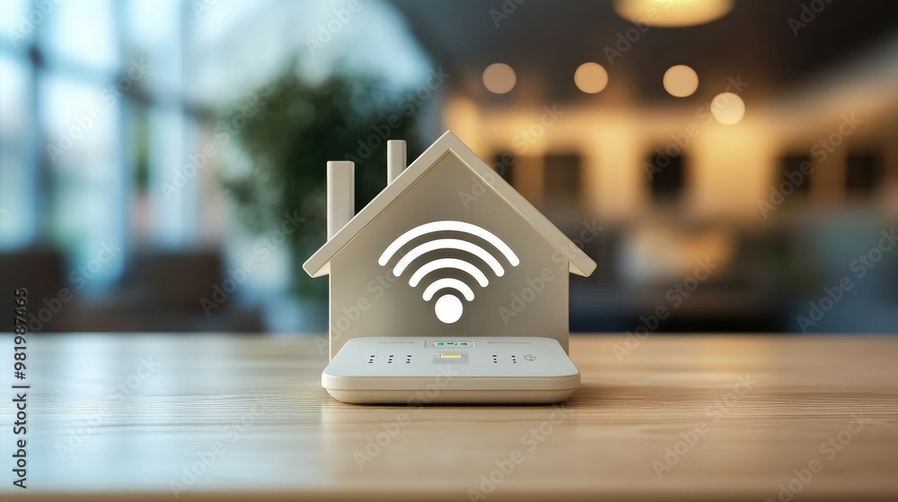 Modern home WiFi network depicted in a 3D illustration, showing a house ...