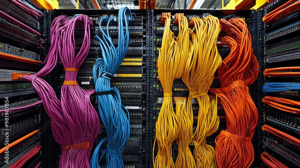 Modern server rack with neat, color-coded network cables connected to a ...