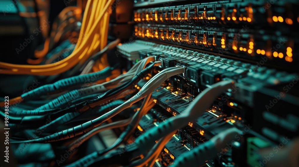 Network cables connected to multiple ports on a rack-mounted switch ...