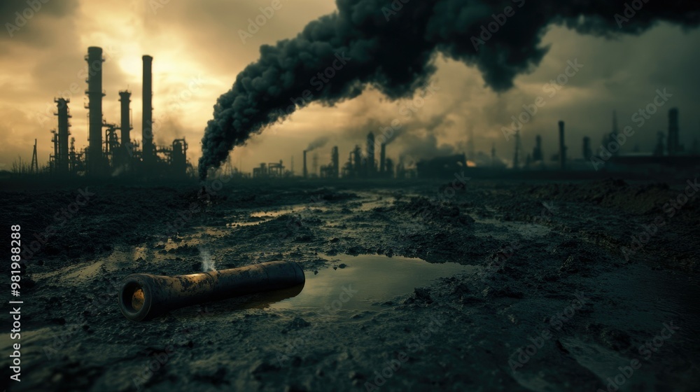 Oil pipes polluted with smoke and a single drop of oil symbolizing the ...