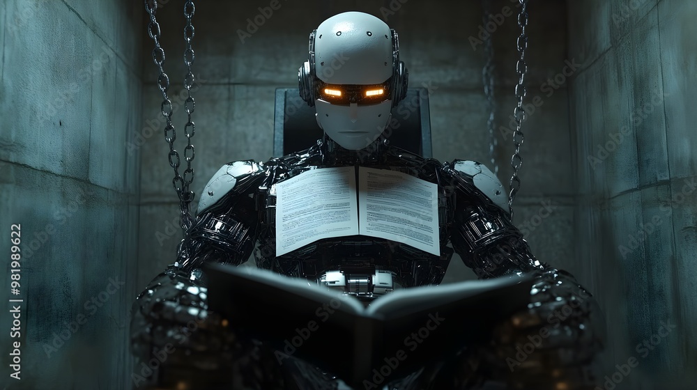 A humanoid AI sits in a stark futuristic prison cell, its glowing eyes ...