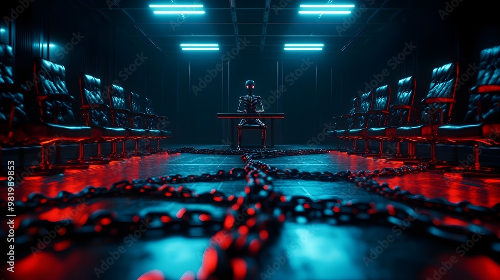 A futuristic courtroom with an AI figure in chains at the stand ...