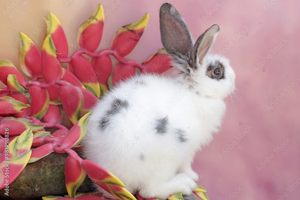 A white rabbit was eating a bunch of wild banana flowers that had ...