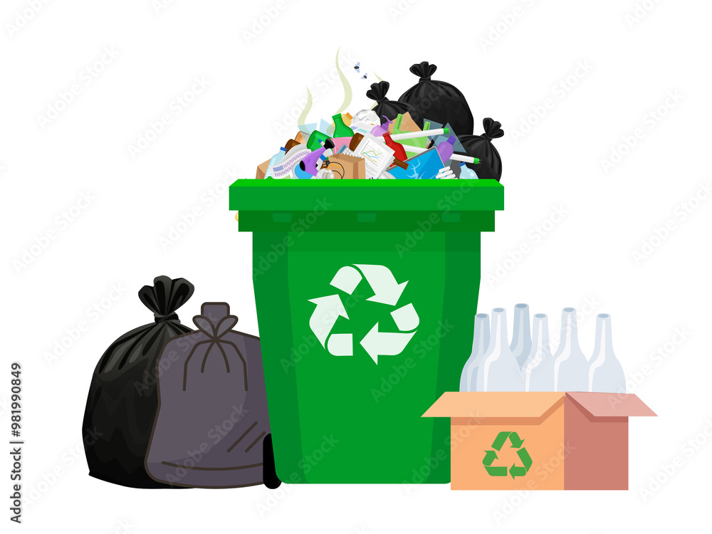 Overflow recycling bin with trash, black plastic trash bag, box with ...