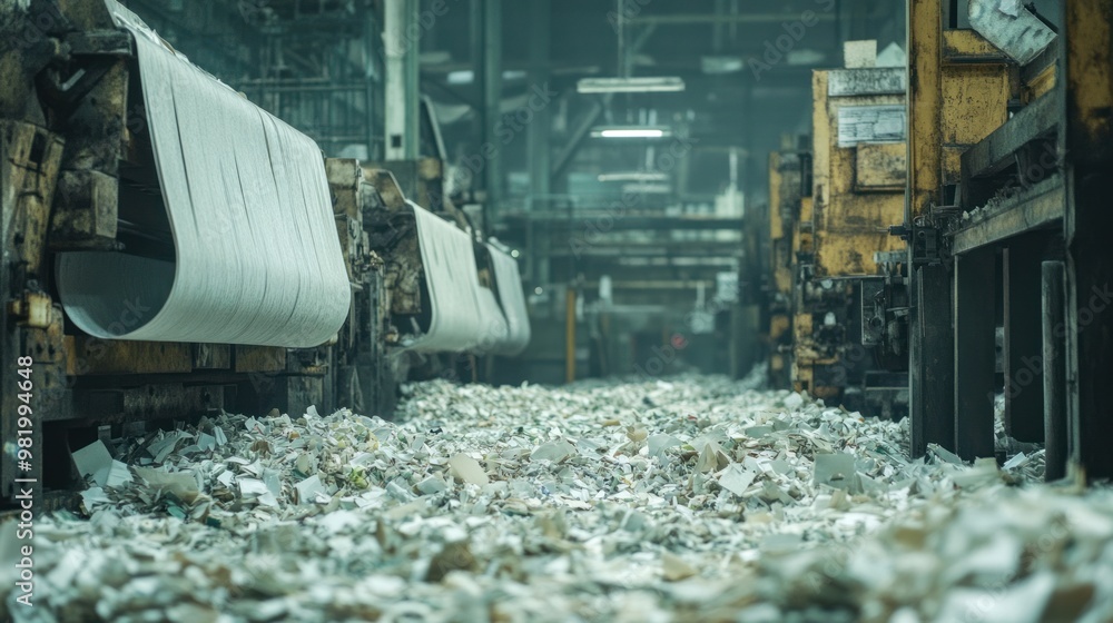 A recycling factory where machines roll out freshly recycled paper from ...
