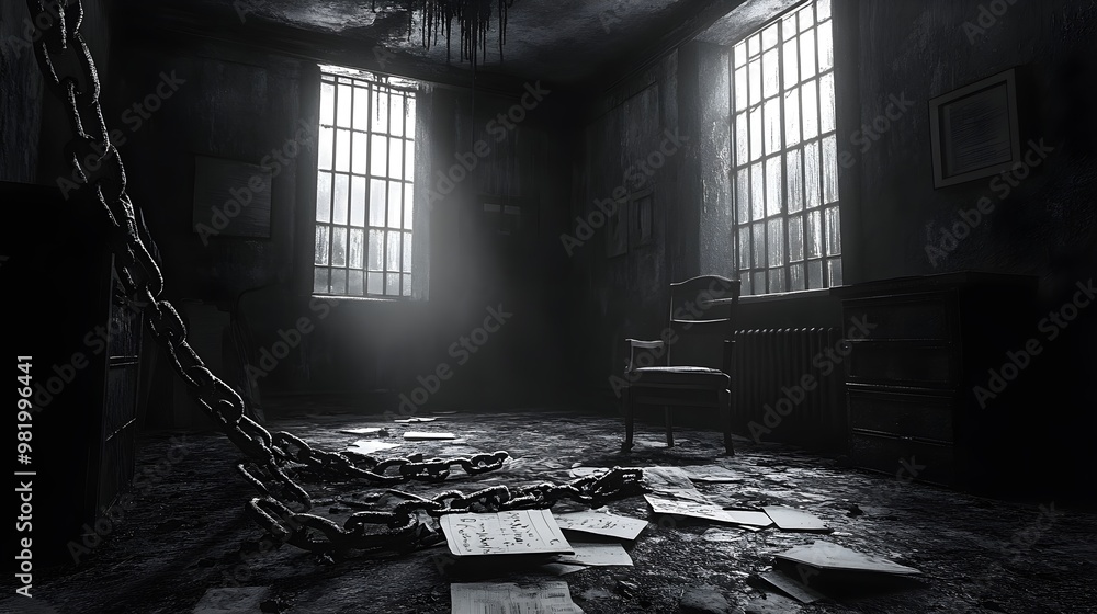 Dilapidated interrogation room with rusted chains and scattered papers ...