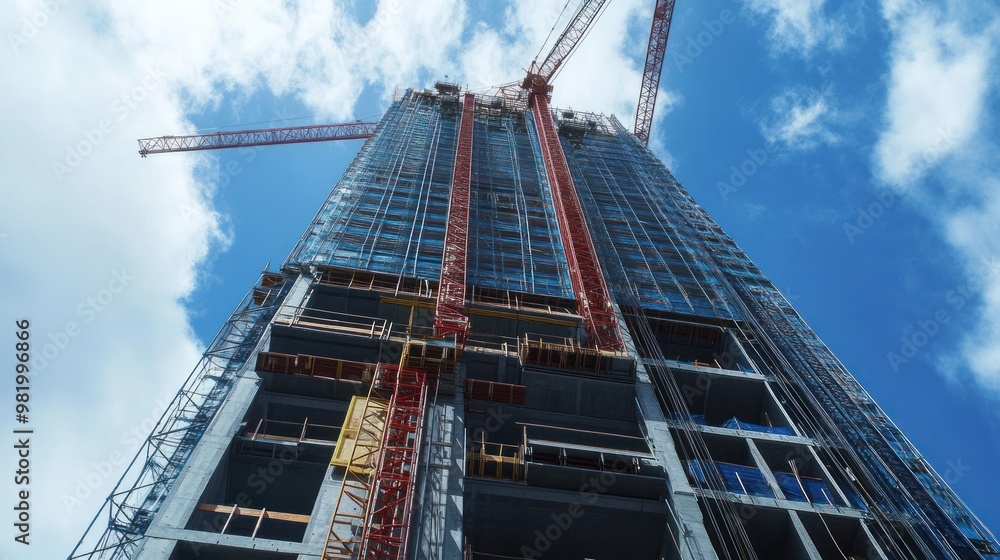 A towering skyscraper under construction, with cranes lifting steel ...