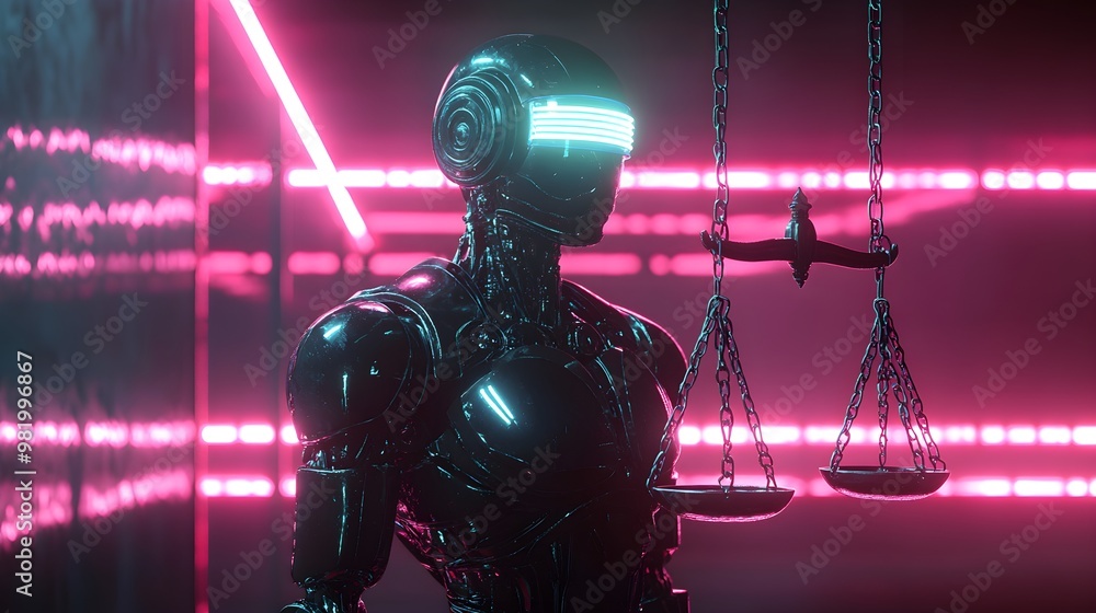A cybernetic AI robot with holographic chains tied to the scales of ...