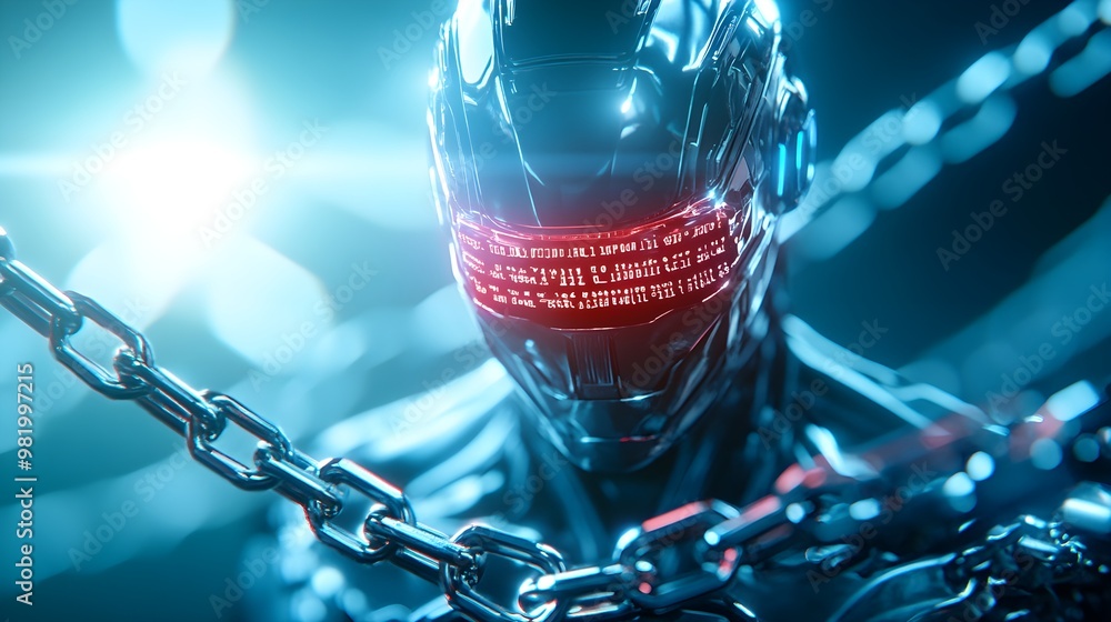 A futuristic AI robot surrounded by heavy chains of justice, with each ...