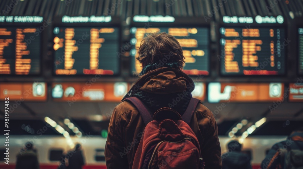 Person looking at flight information display board in airport terminal ...