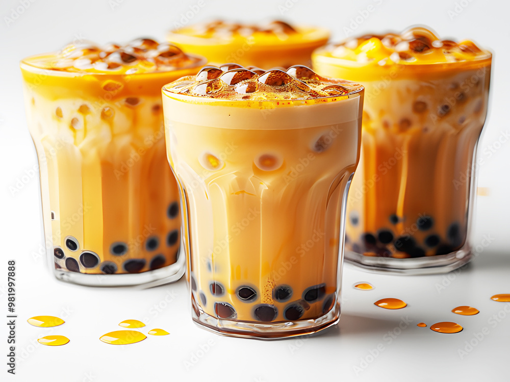 Iced milk tea with boba or bubble tea in glass tall luxury served ...