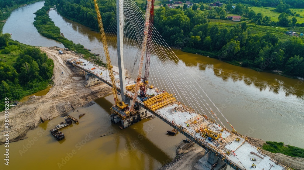 Aerial view of a cable-stayed bridge being built, with sections of the ...