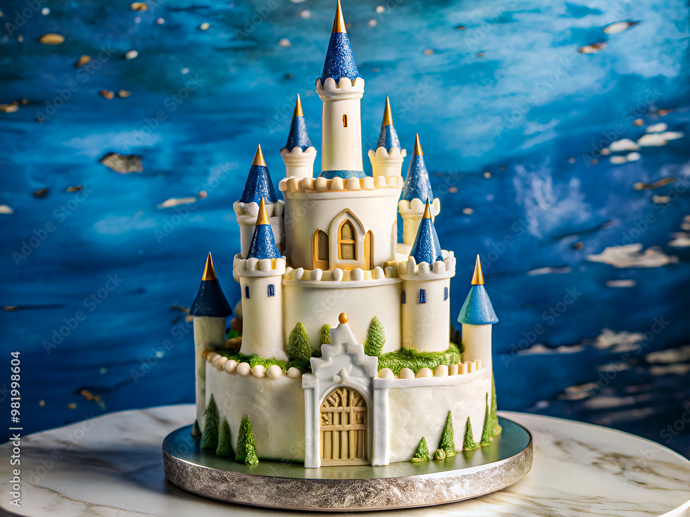 Elegant multi-tiered birthday cake the shape of a white castle with ...