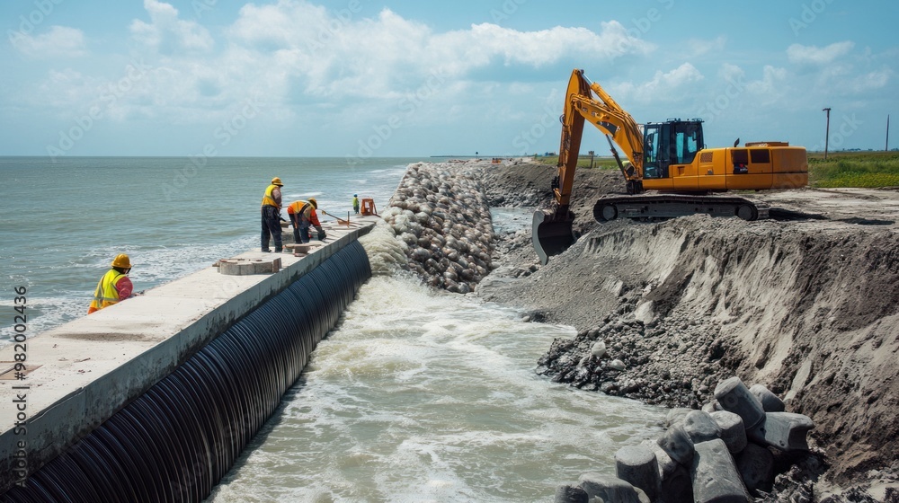 Workers install large floodgates at the mouth of a river leading into ...